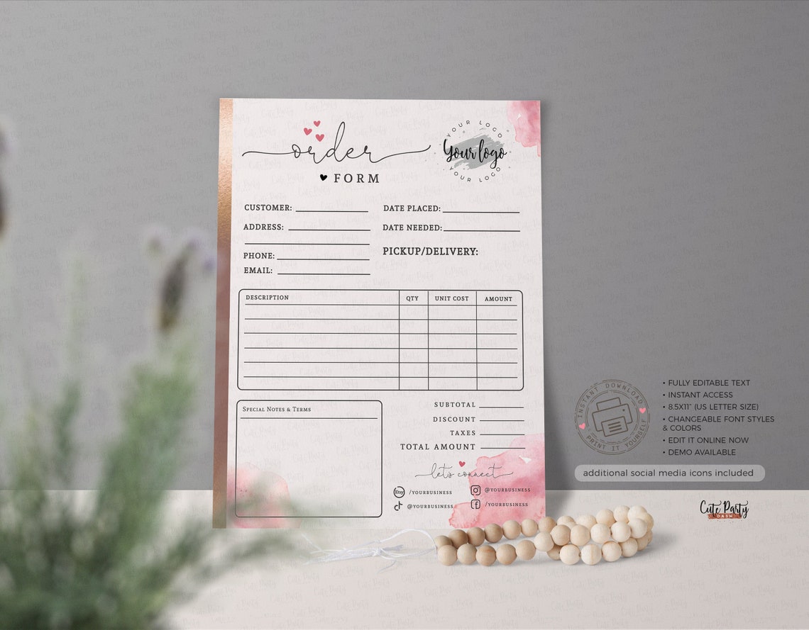 Order Form Template Editable INSTANT DOWNLOAD Printable - Etsy