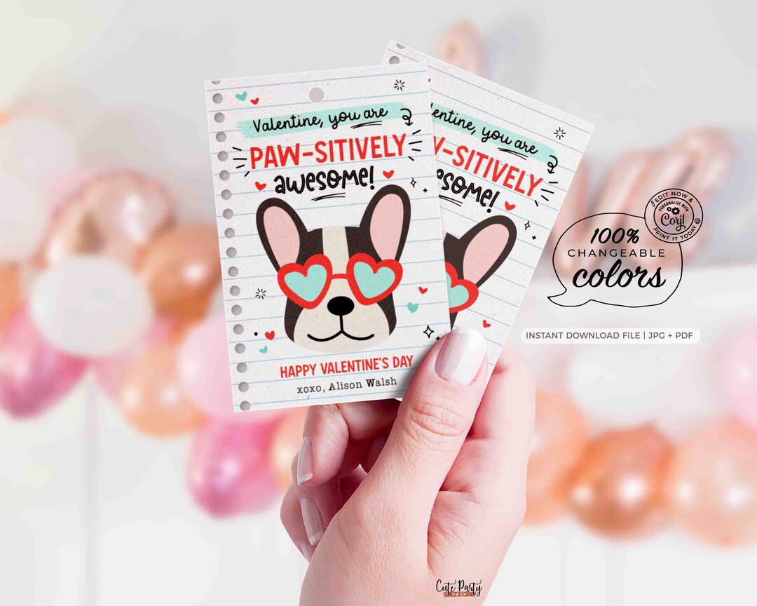 Printable Dog Valentine's Day Cards: Editable Classroom Tags (instant ...
