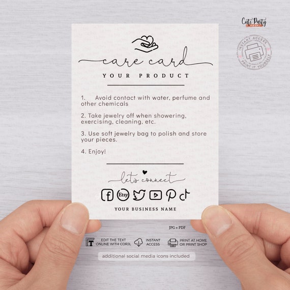 INSTANT DOWNLOAD Printable Care Card Instructions Product - Etsy