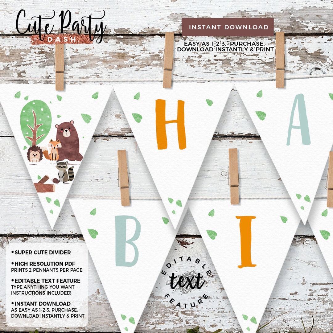 Editable Woodland Birthday Banner: Animals Party Decor (instant ...