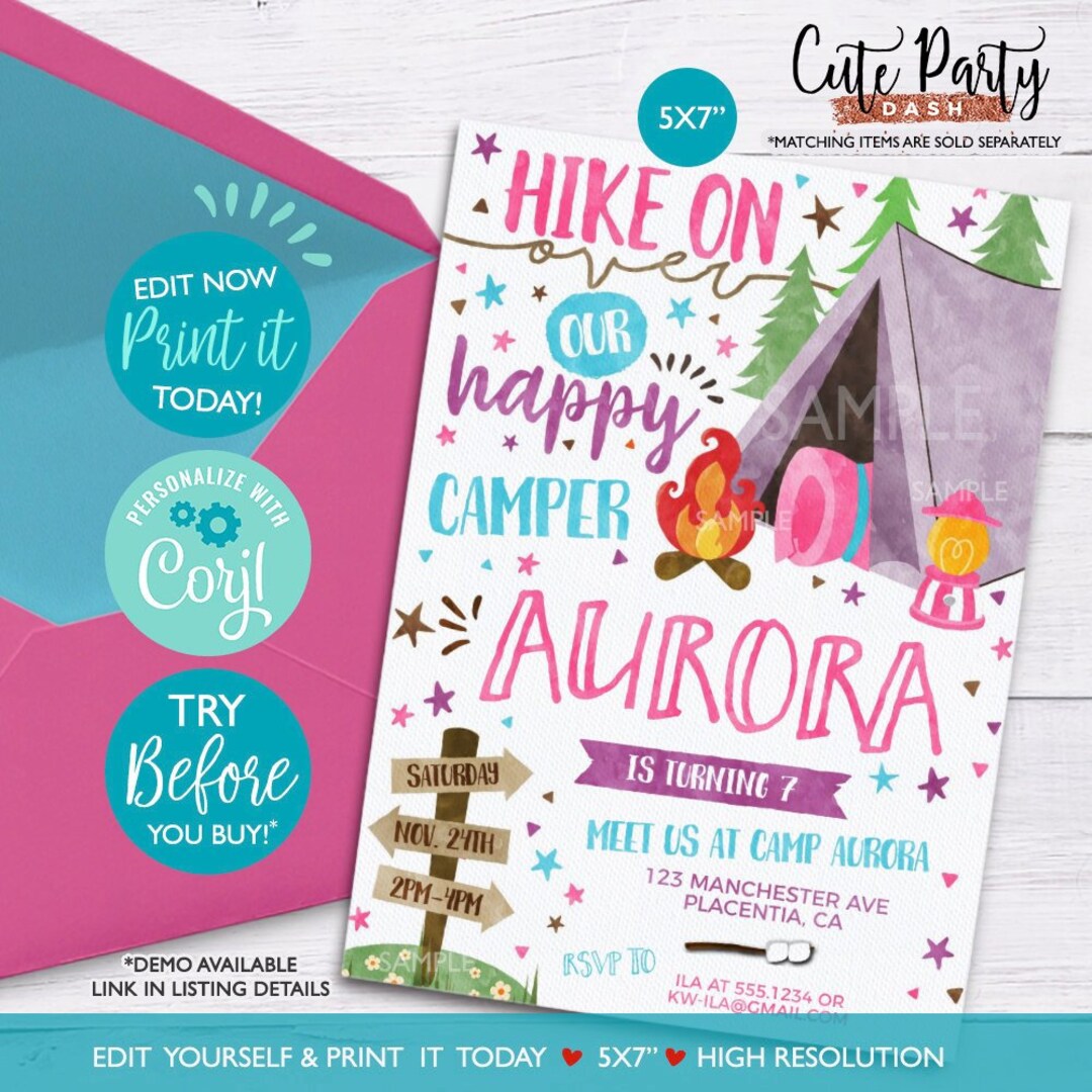 Camping Birthday Party Girl Invitation INSTANT DOWNLOAD Camp Out ...