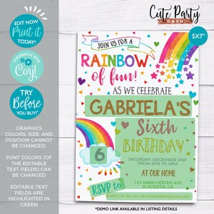 INSTANT DOWNLOAD, Editable Colorful Rainbow Birthday Party Invitations ...