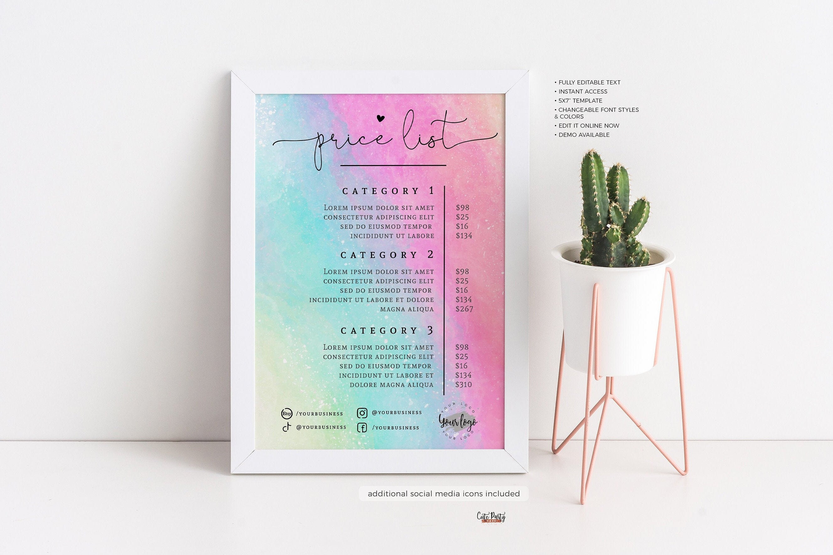 Watercolor Price List Template INSTANT DOWNLOAD Printable | Etsy