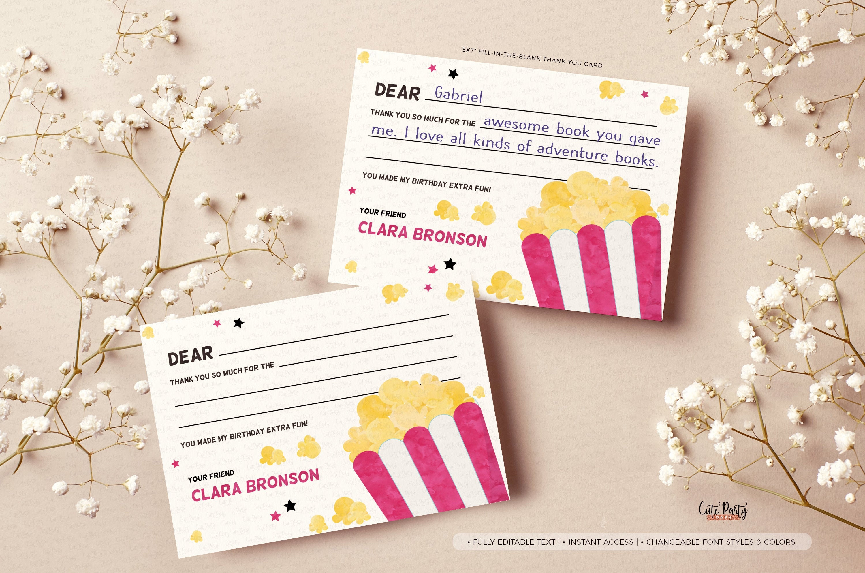 Movie Night Thank You Note: Hot Pink Popcorn, Fill-in-the-blank ...