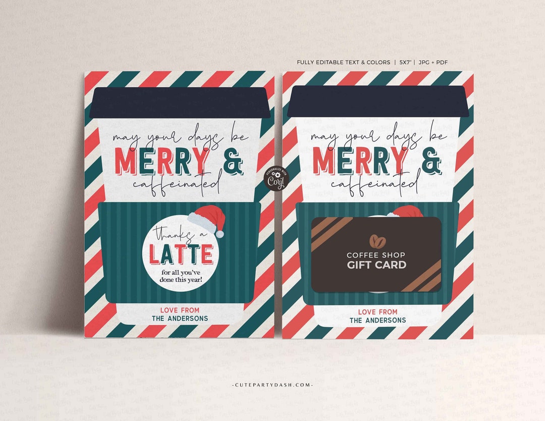 Editable Merry & Caffeinated Christmas Coffee Gift Card Holder (instant ...