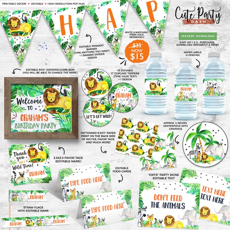 Jungle Safari Birthday Photo Banner: Editable Milestone Garland ...