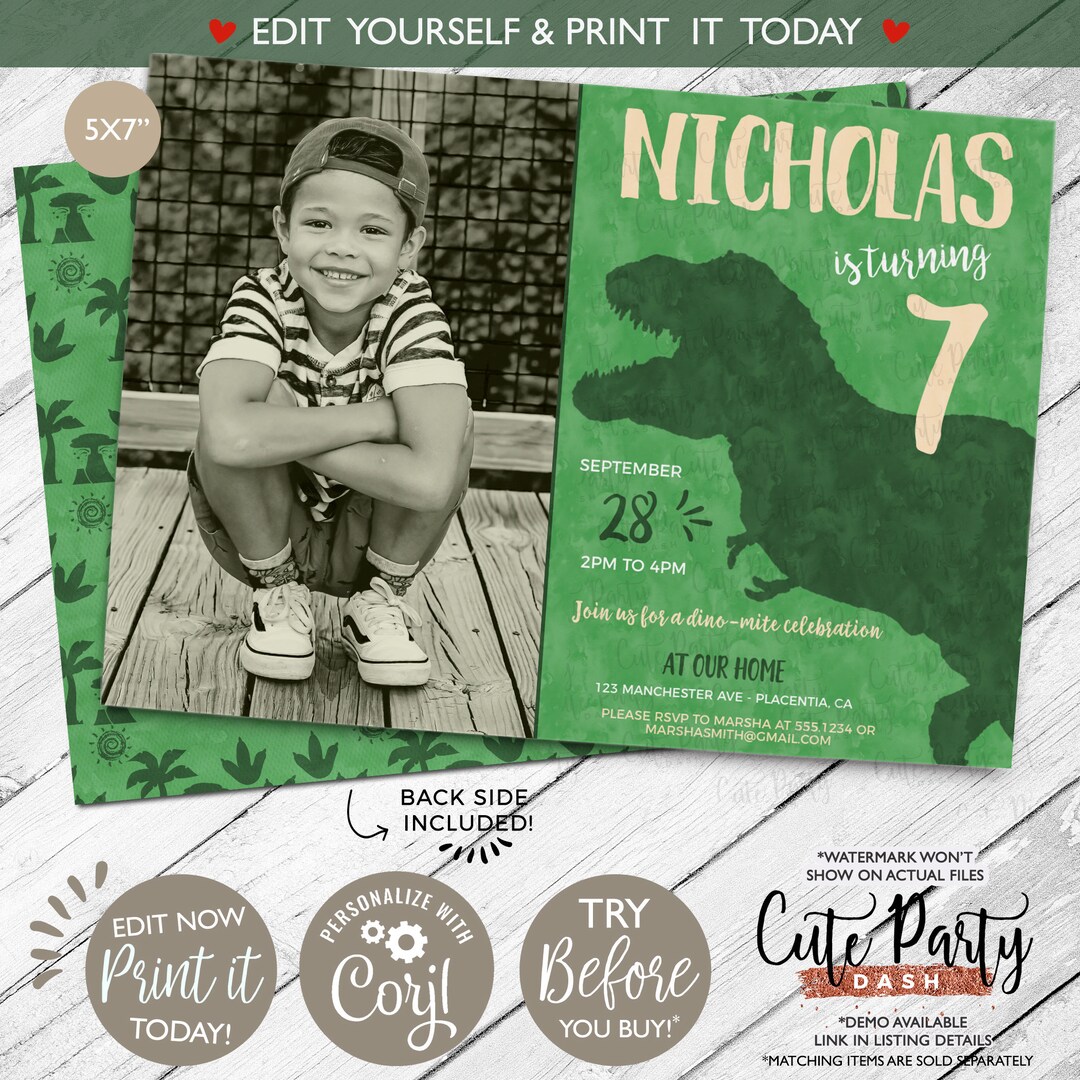 INSTANT DOWNLOAD EDITABLE Dinosaur Birthday Photo - Etsy