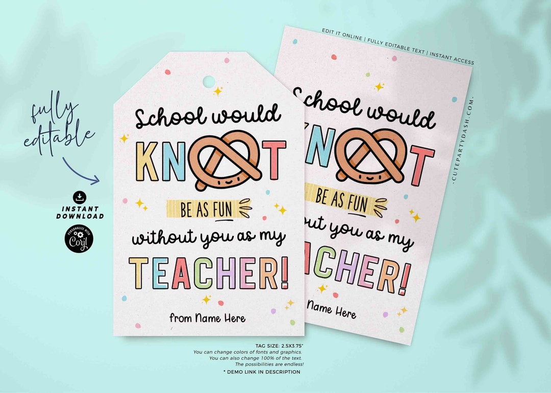 Pretzel Teacher Appreciation Gift Tag: Editable Thank You (instant ...