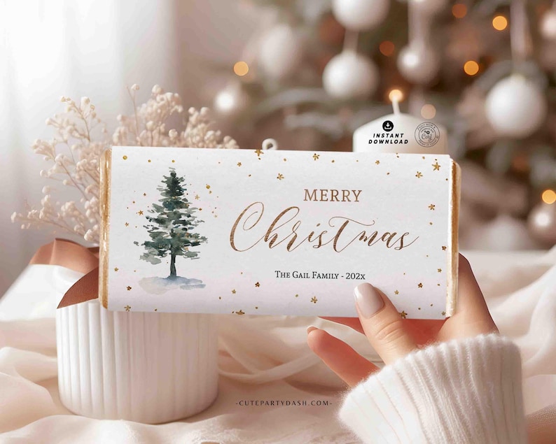 Editable Christmas Chocolate Bar Wrapper: Watercolor Tree (instant ...