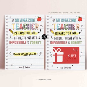 Editable Teacher Thank You Gift Card Holder Template Printable Amazing ...