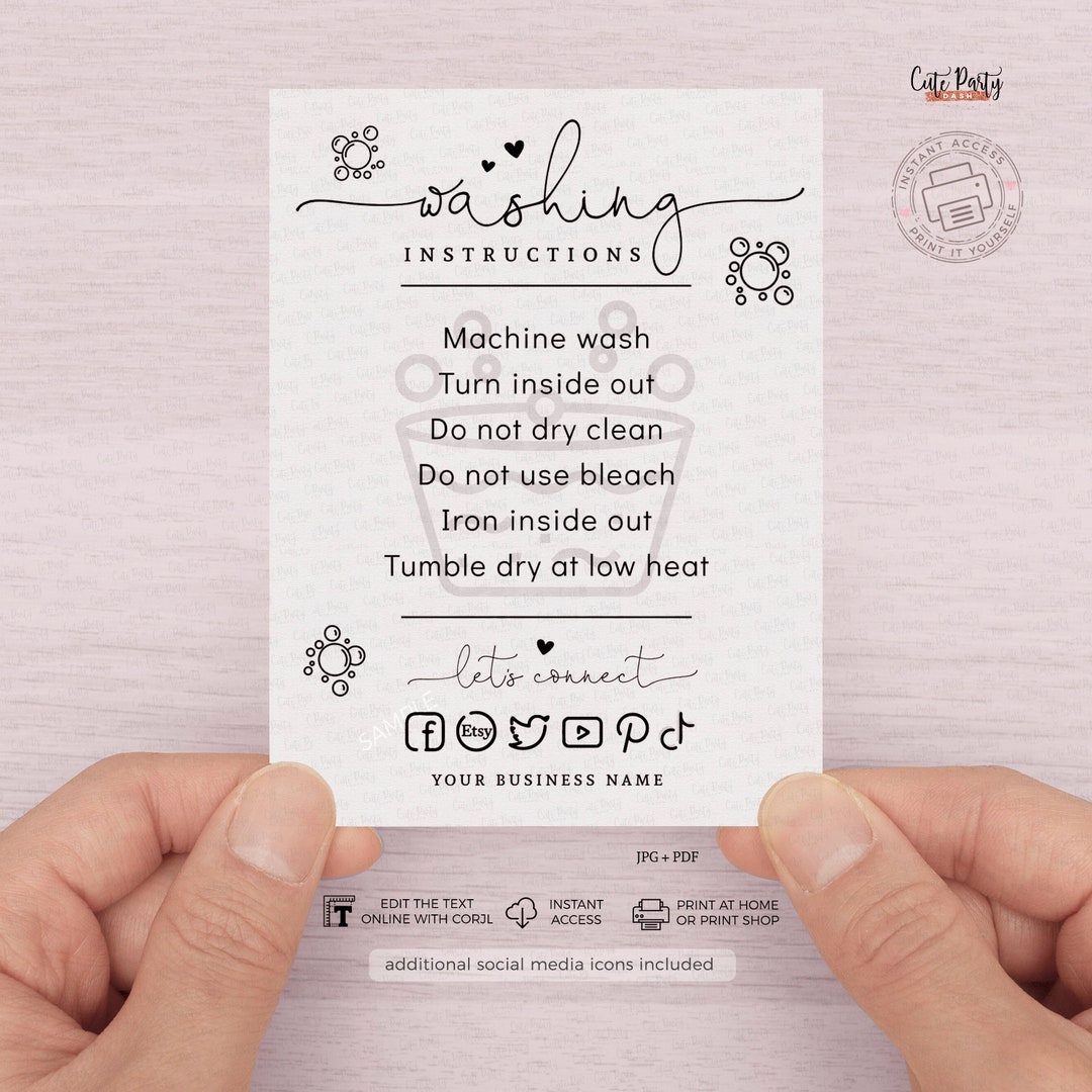 INSTANT DOWNLOAD Washing Instructions Card Template, Washing Insert ...