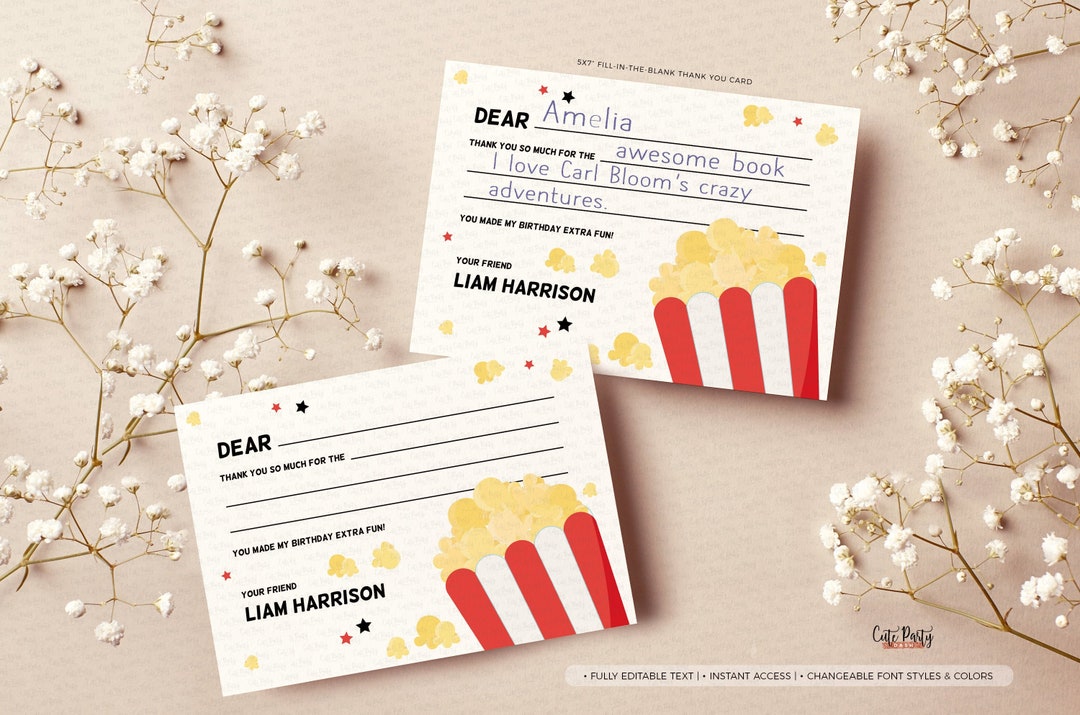 INSTANT DOWNLOAD, Movie Night Birthday Fill-in-the-blank Kids Thank You ...