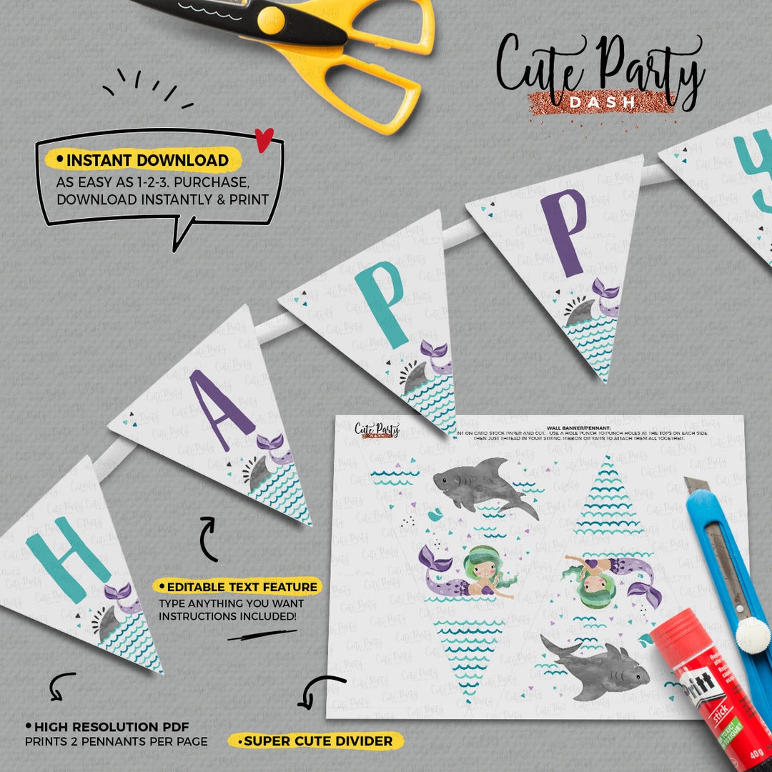 Mermaid Shark Birthday Banner: Editable Under the Sea Pennant (instant ...
