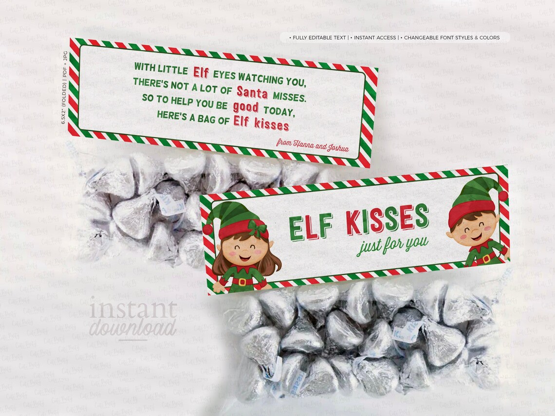 INSTANT DOWNLOAD Elf Kisses Treat Bag Topper Editable | Etsy