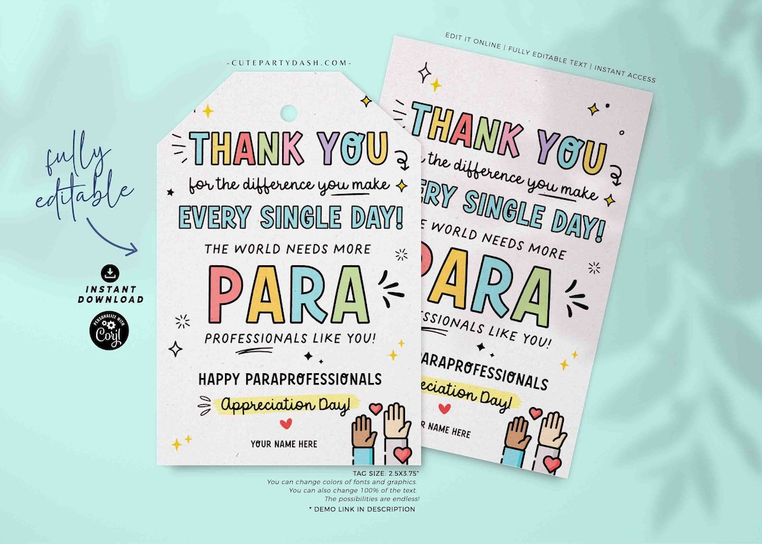Paraprofessionals Day Gift Tags Printable INSTANT DOWNLOAD Editable ...