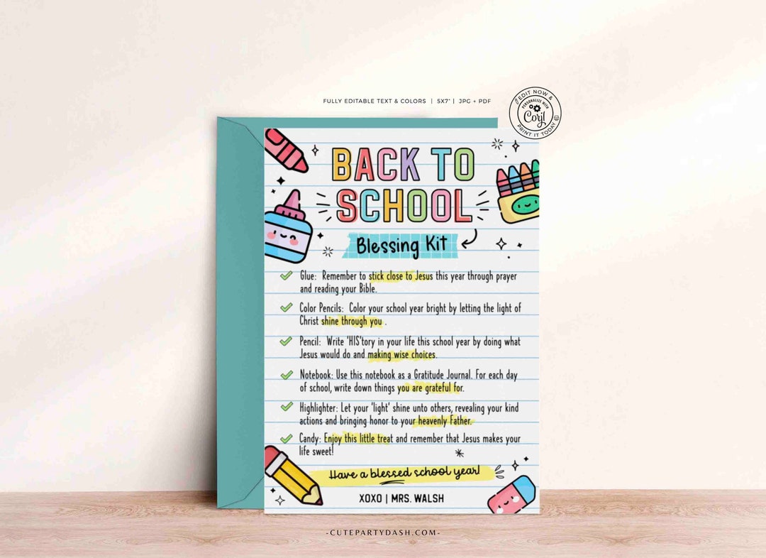 Back to School Blessing Kit Card: Editable Template (instant Download ...