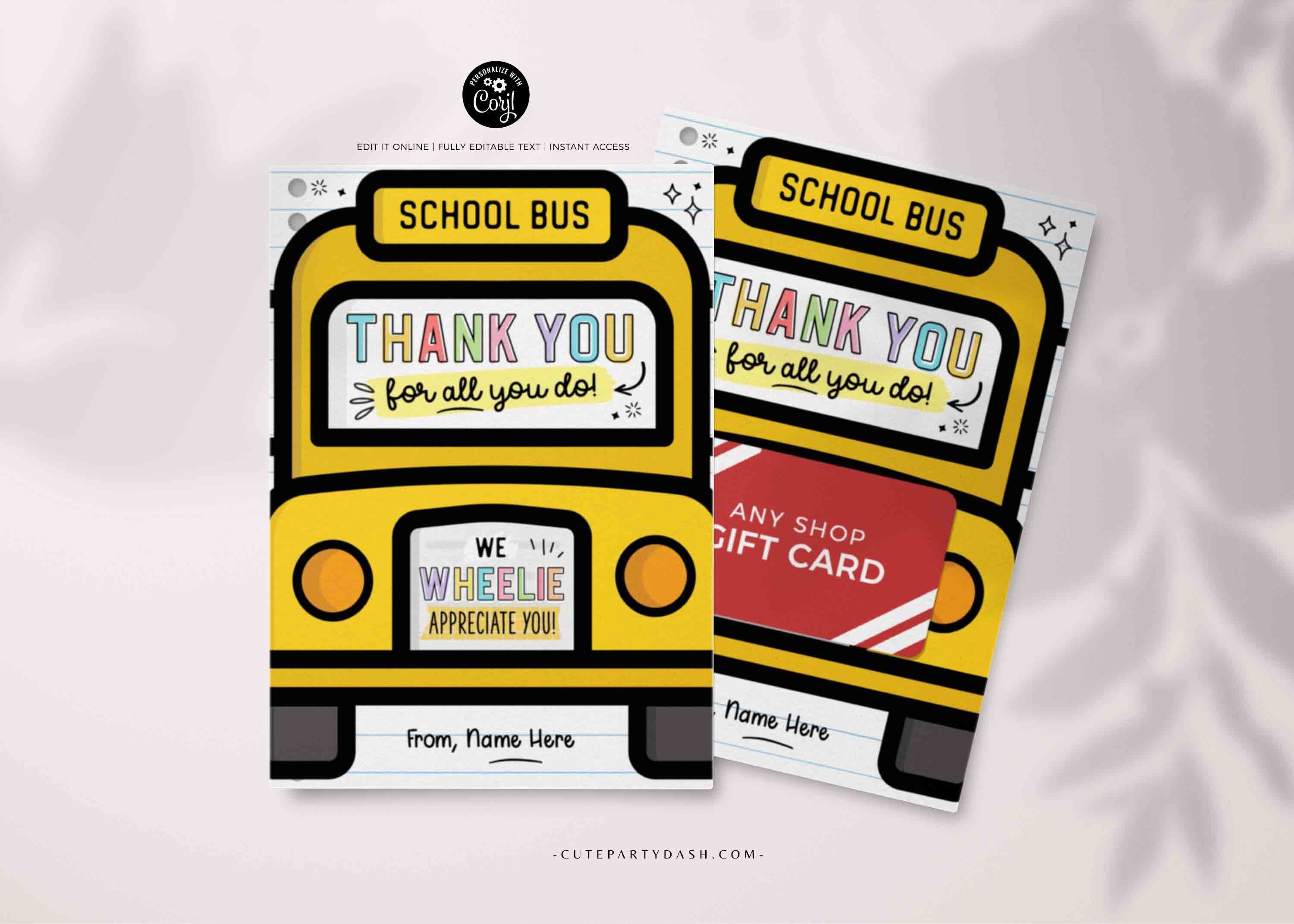 Editable School Bus Driver Thank You Gift Card Holder (instant Download ...