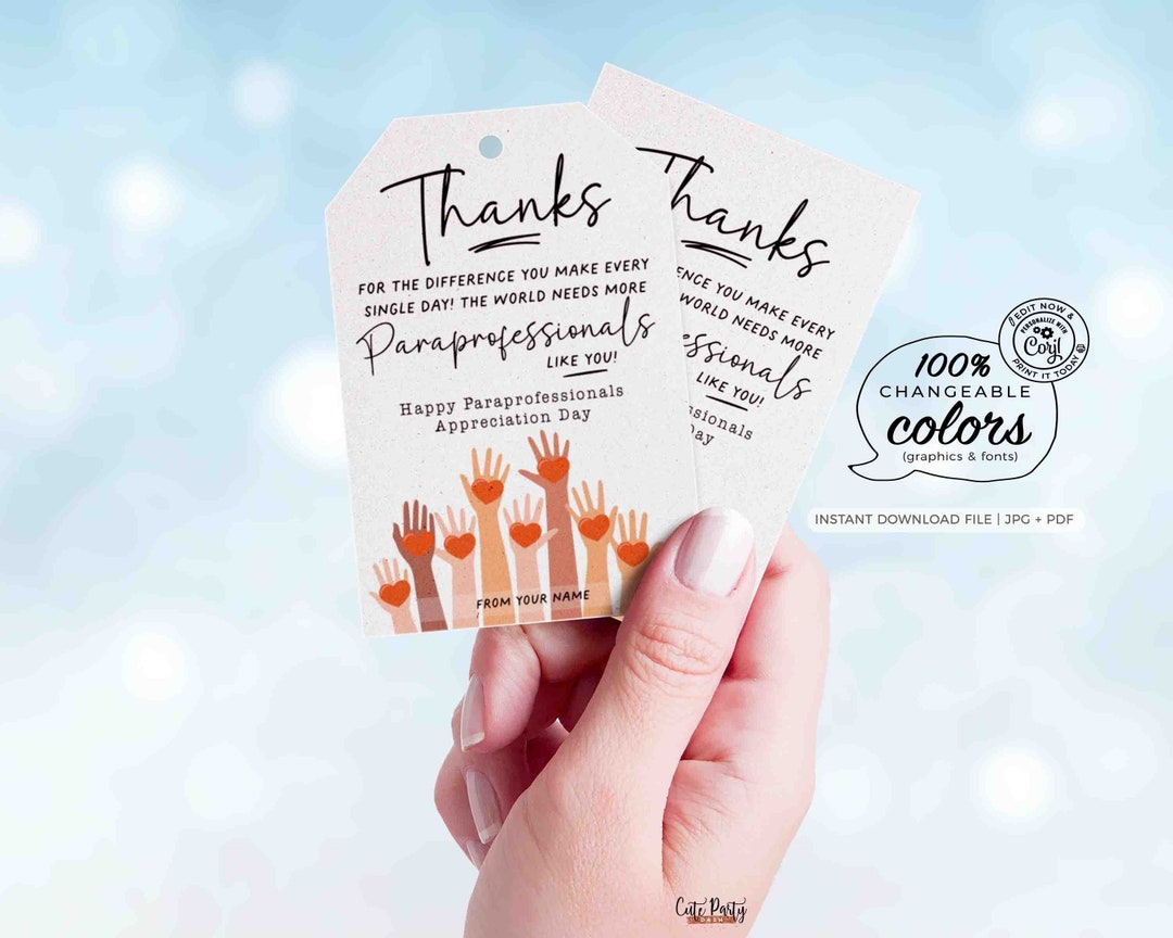 Paraprofessionals Day Gift Tags Printable INSTANT DOWNLOAD Editable ...