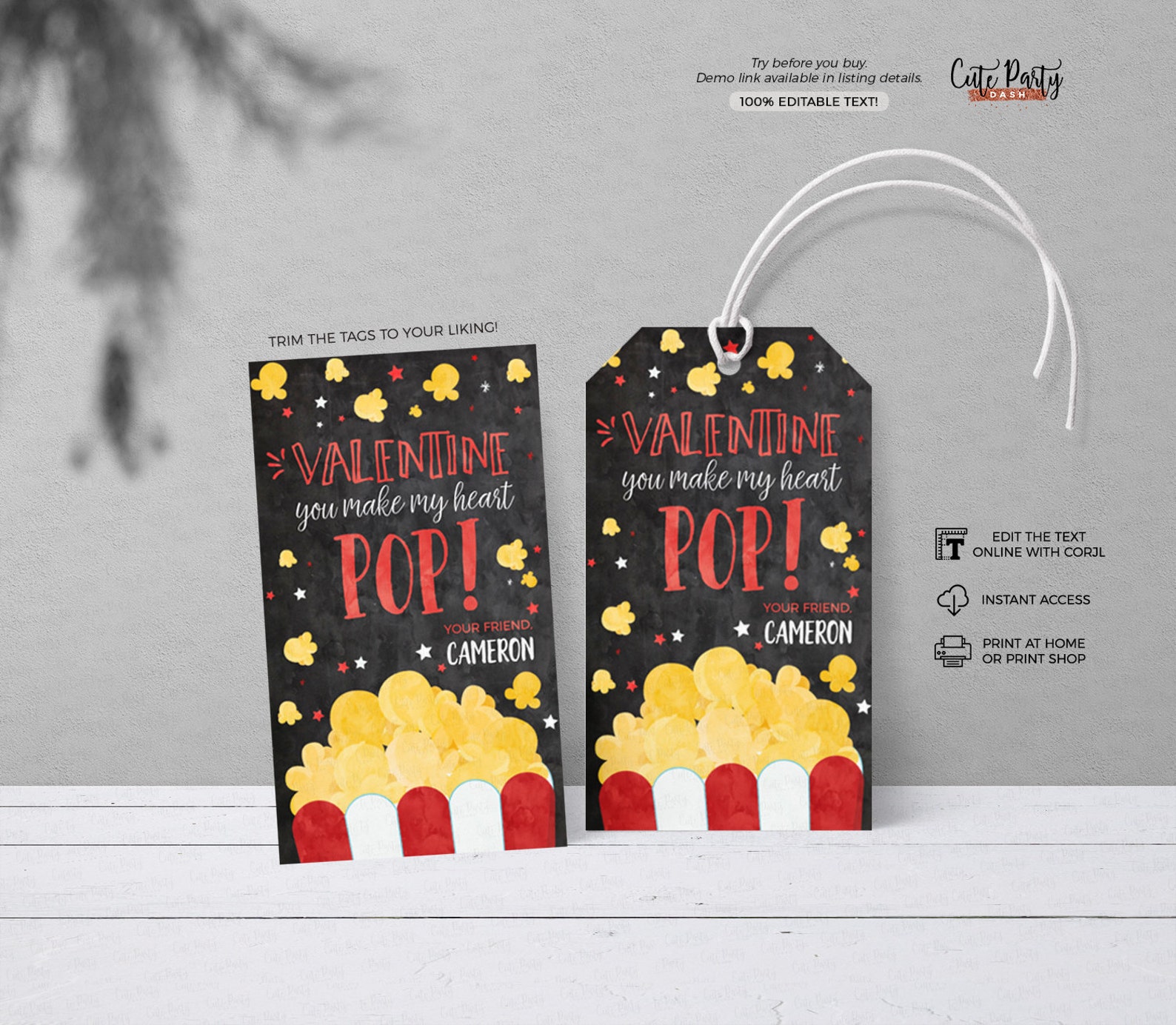 INSTANT DOWNLOAD Valentine Popcorn Tags Valentine's Day | Etsy