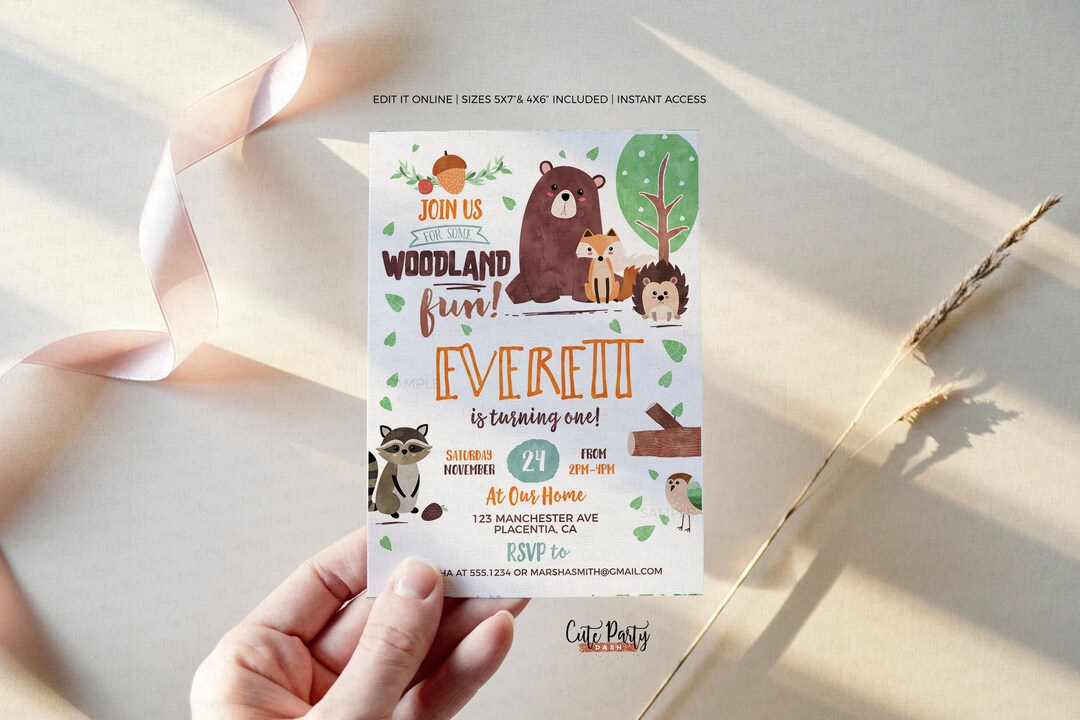 EDITABLE Woodland Birthday Invitation, Forest Animals Woodland Party ...