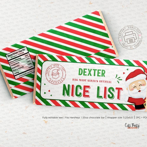 Christmas Bar Wrapper Nice List Award File Instant Download - Etsy