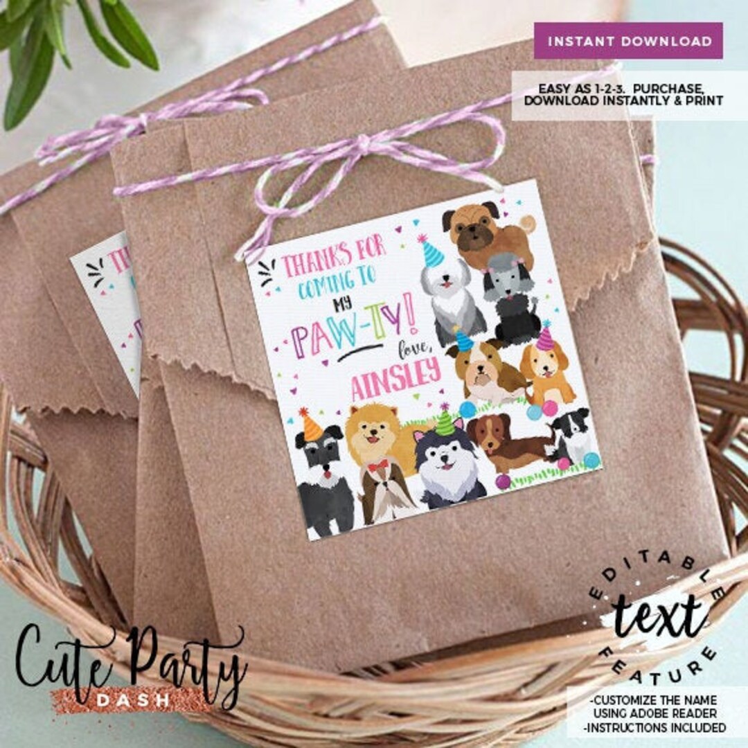 Puppy Birthday Favor Tags: Pink Purple Pet Party (editable, Instant ...