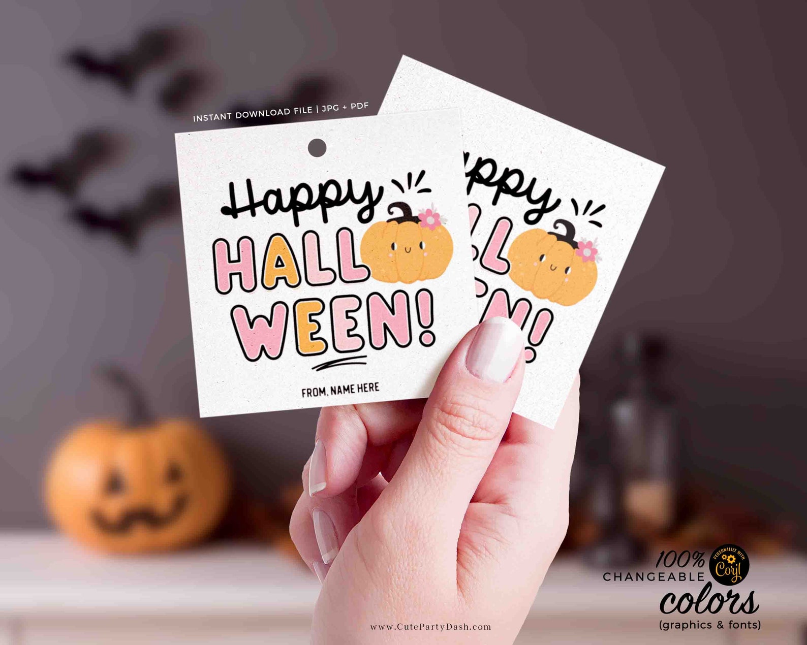 Pink Halloween Gift Tag Printable, Editable Treat Tag (digital Download ...
