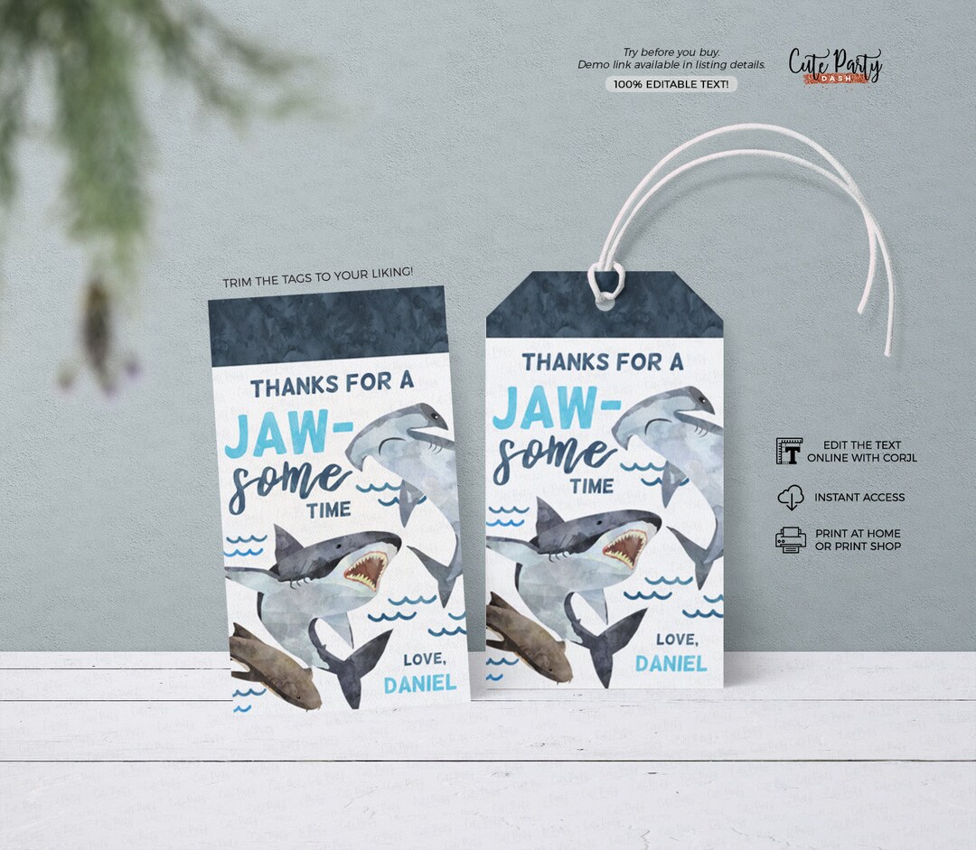 Shark Birthday Favor Tags, Shark Jawsome Time, Watercolor Under the Sea ...