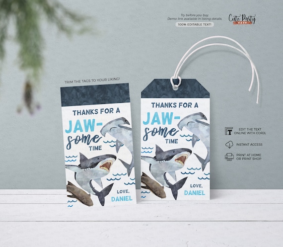 Shark Birthday Favor Tags Shark Jawsome Time Watercolor - Etsy