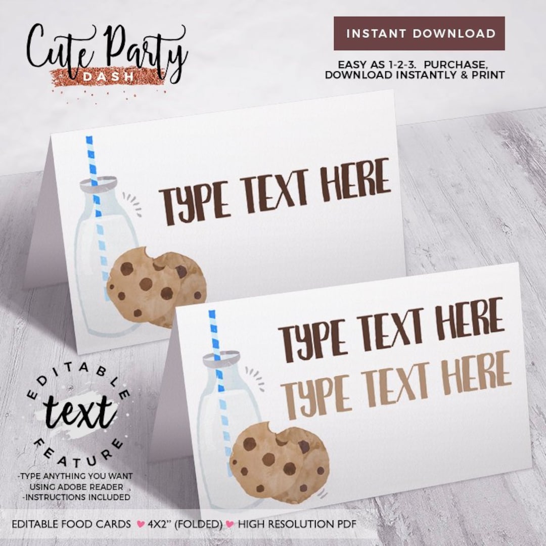 INSTANT DOWNLOAD, EDITABLE Milk and Cookies Food Card, Milk & Cookies ...