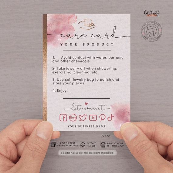 INSTANT DOWNLOAD Watercolor Pink Gold Printable Care Card | Etsy