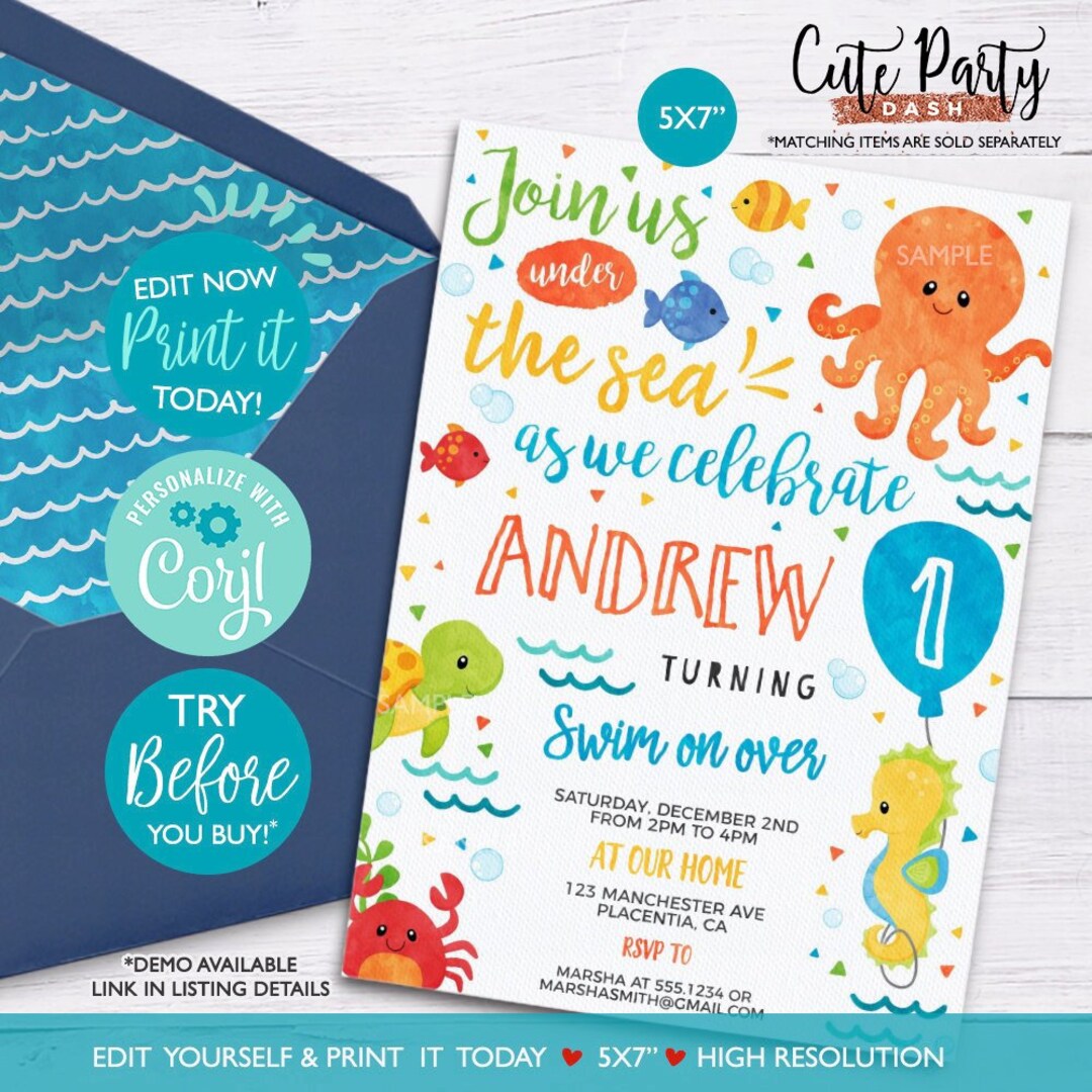 INSTANT DOWNLOAD EDITABLE Under the Sea Invitation Printable Corjl ...