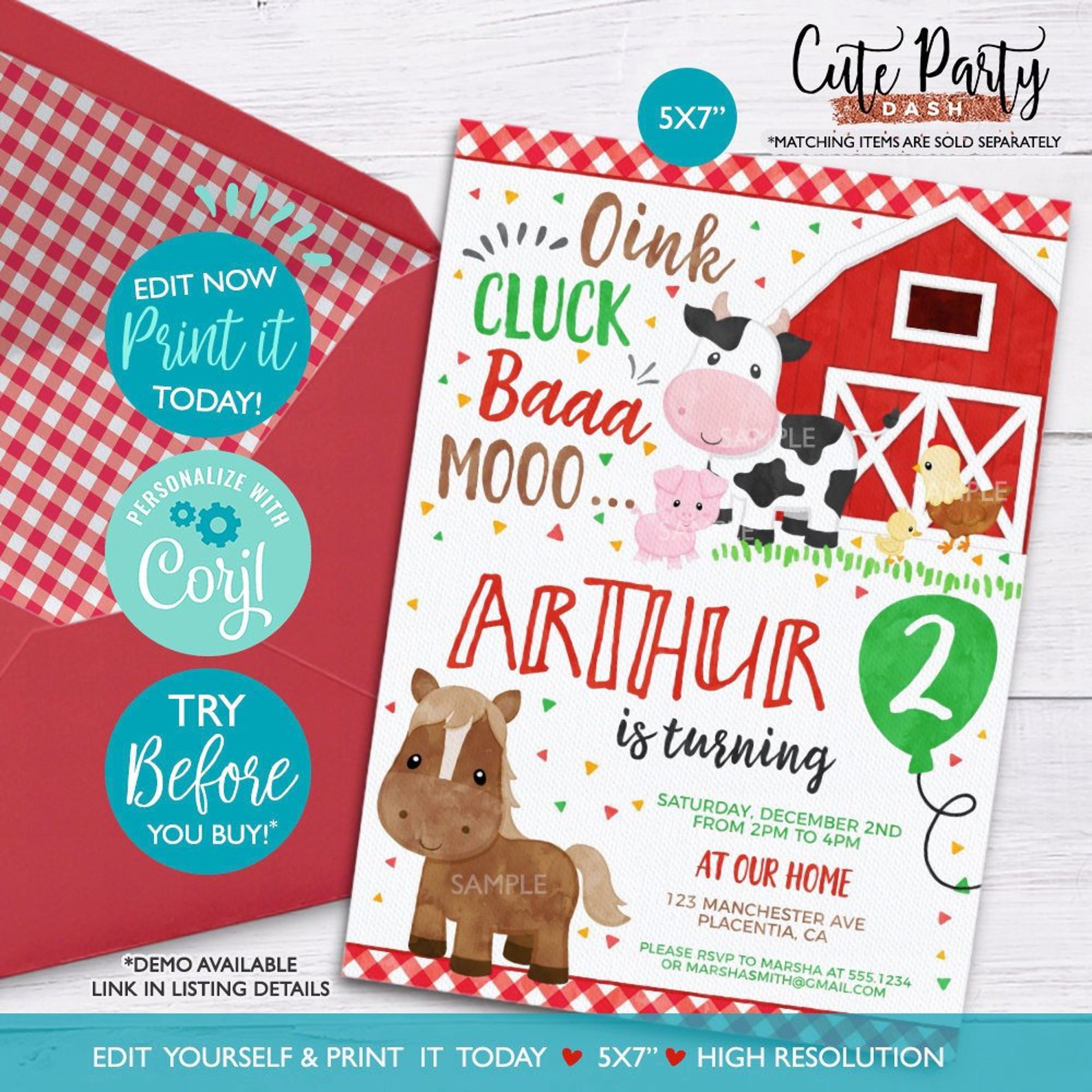 Red Barnyard Birthday Party Invitation Farm Animals Invite - Etsy
