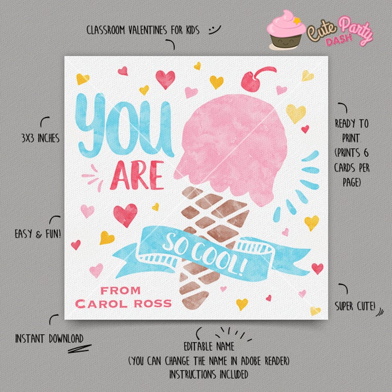Editable Ice Cream Valentine's Day Card - Printable Kids Classroom Card ...