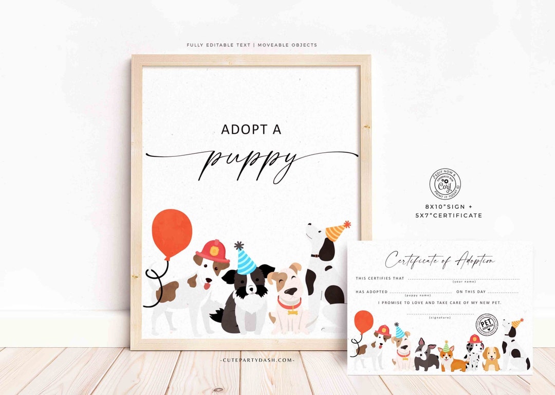 Adopt a Puppy Sign & Certificate: Editable Pet Adoption Party (digital ...