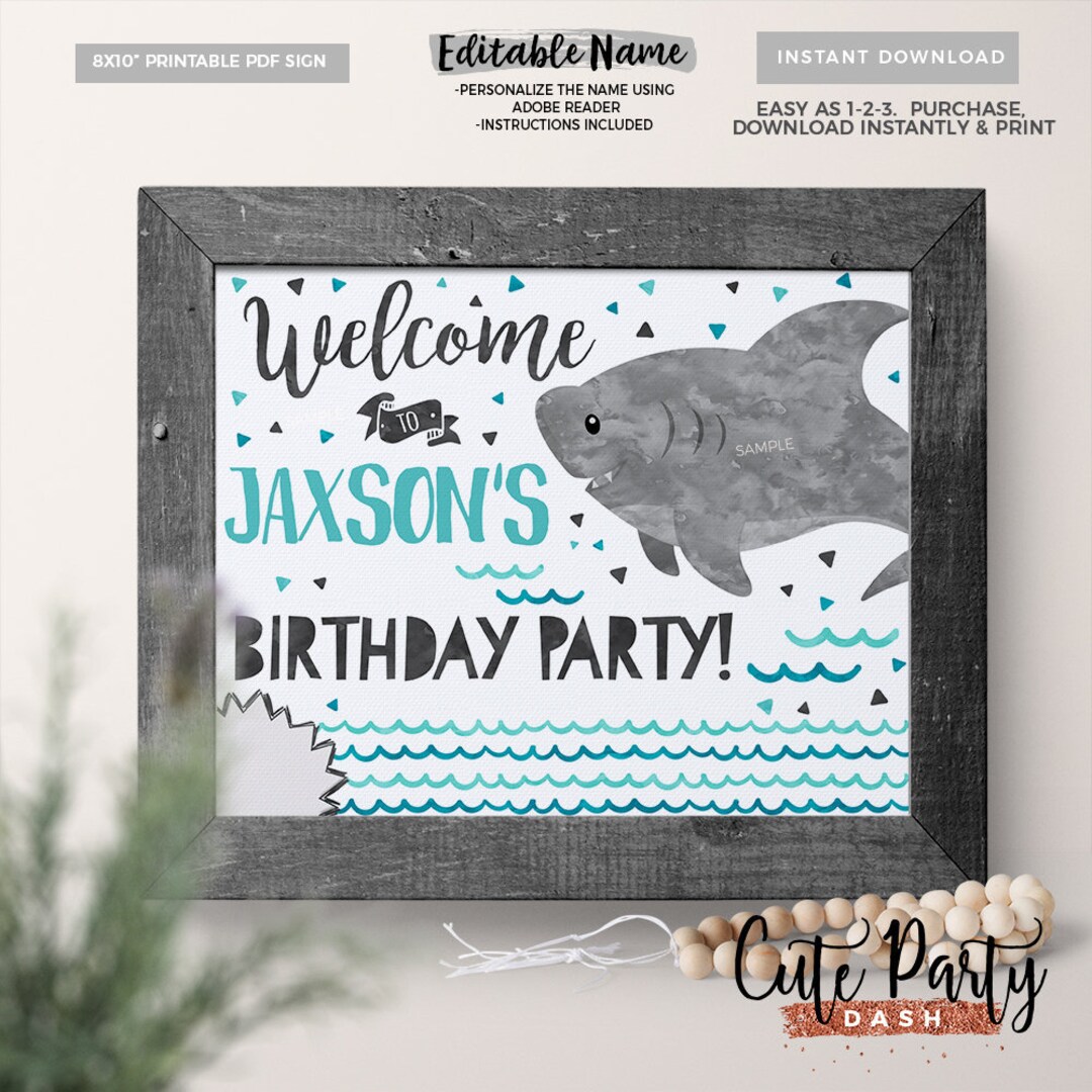 INSTANT DOWNLOAD - EDITABLE Shark Birthday Decorations Welcome Sign ...