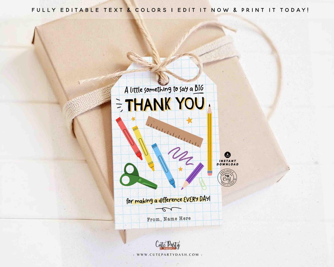 Editable Teacher Appreciation Gift Tag, School Staff Thank You (instant ...