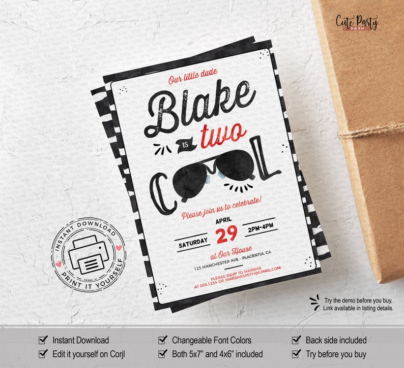 Two Cool Birthday Invitation, Boy 2nd Birthday, Editable Template ...