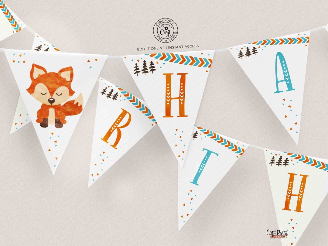 Editable Fox Happy Birthday Wall Banner, Woodland Fox Bunting Party ...