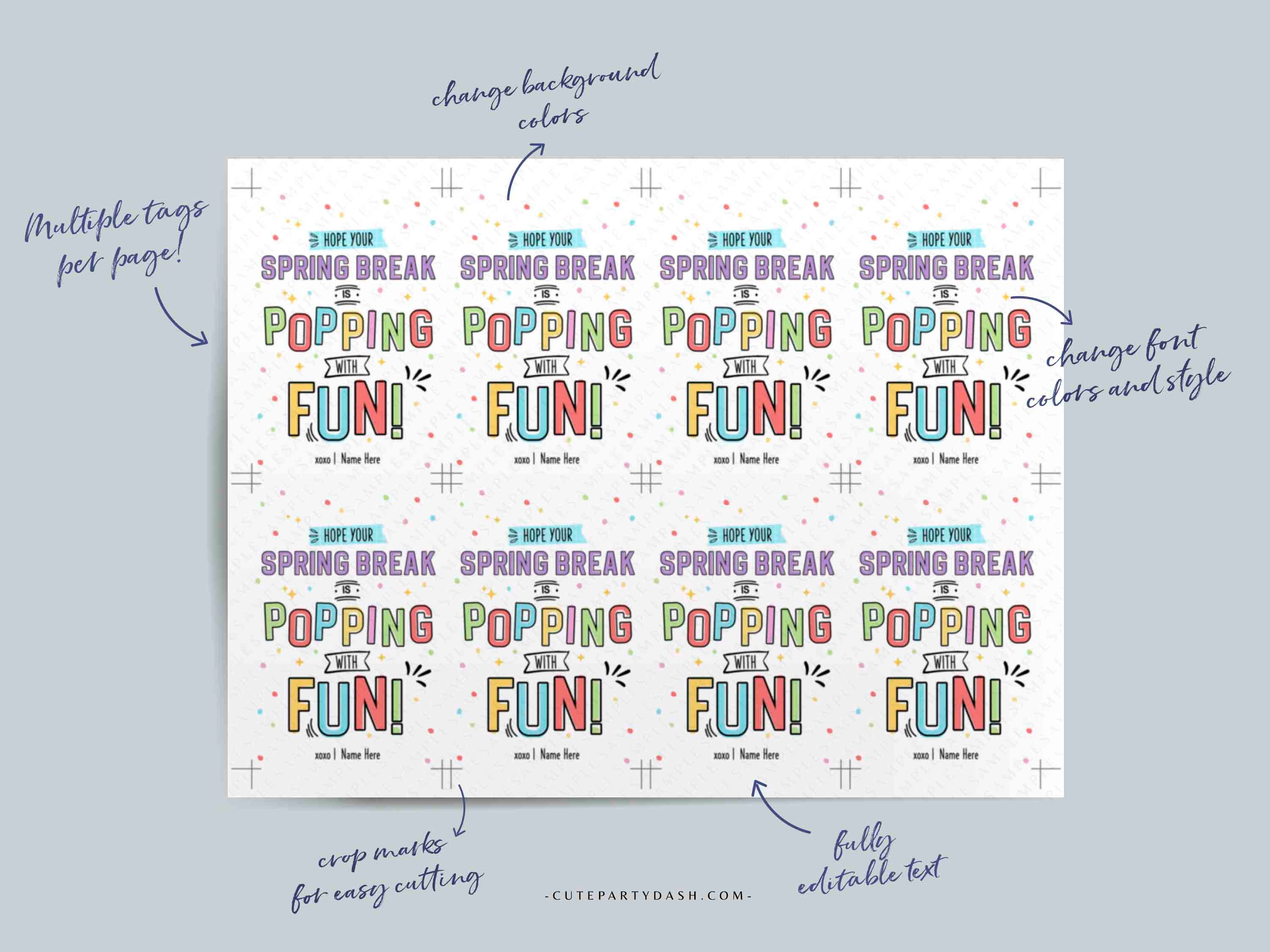 Editable Spring Break Gift Tag: Popping With Fun Template (digital ...