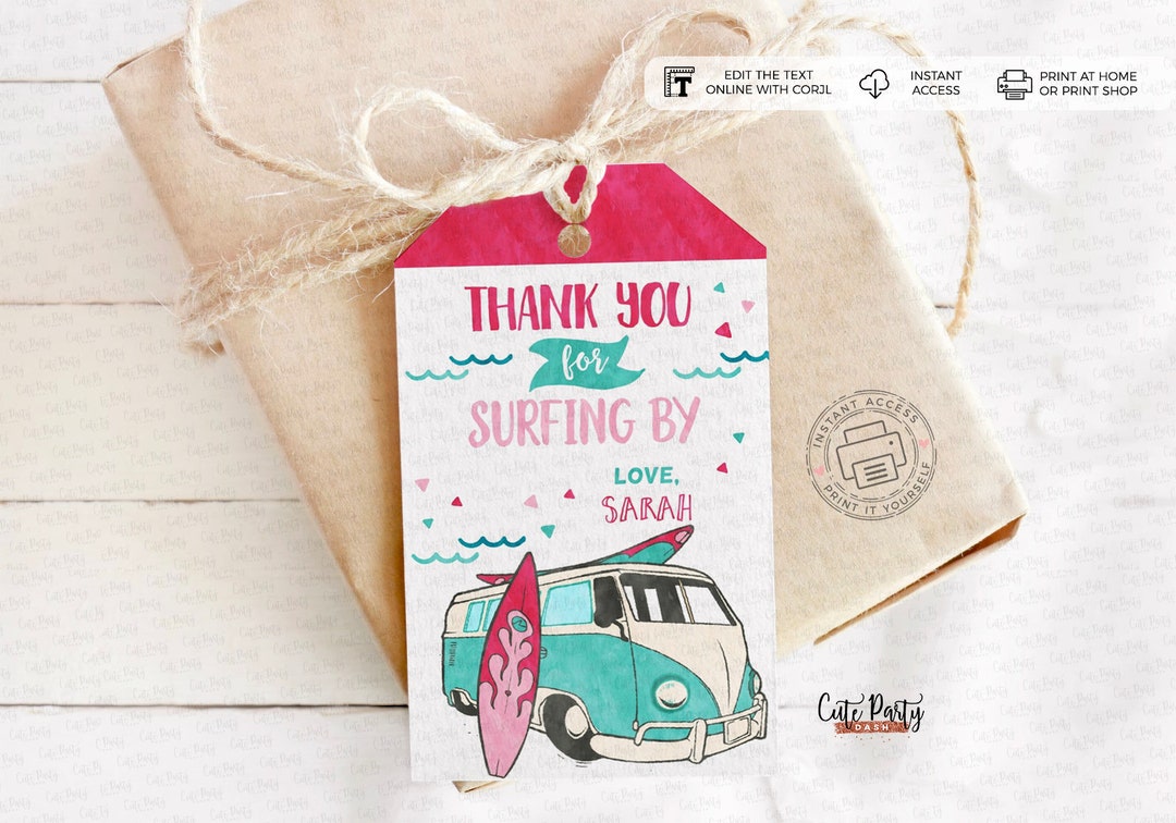 Surf Birthday Party Favor Tags, Surf's up Birthday Girl Pink Gift Tag ...