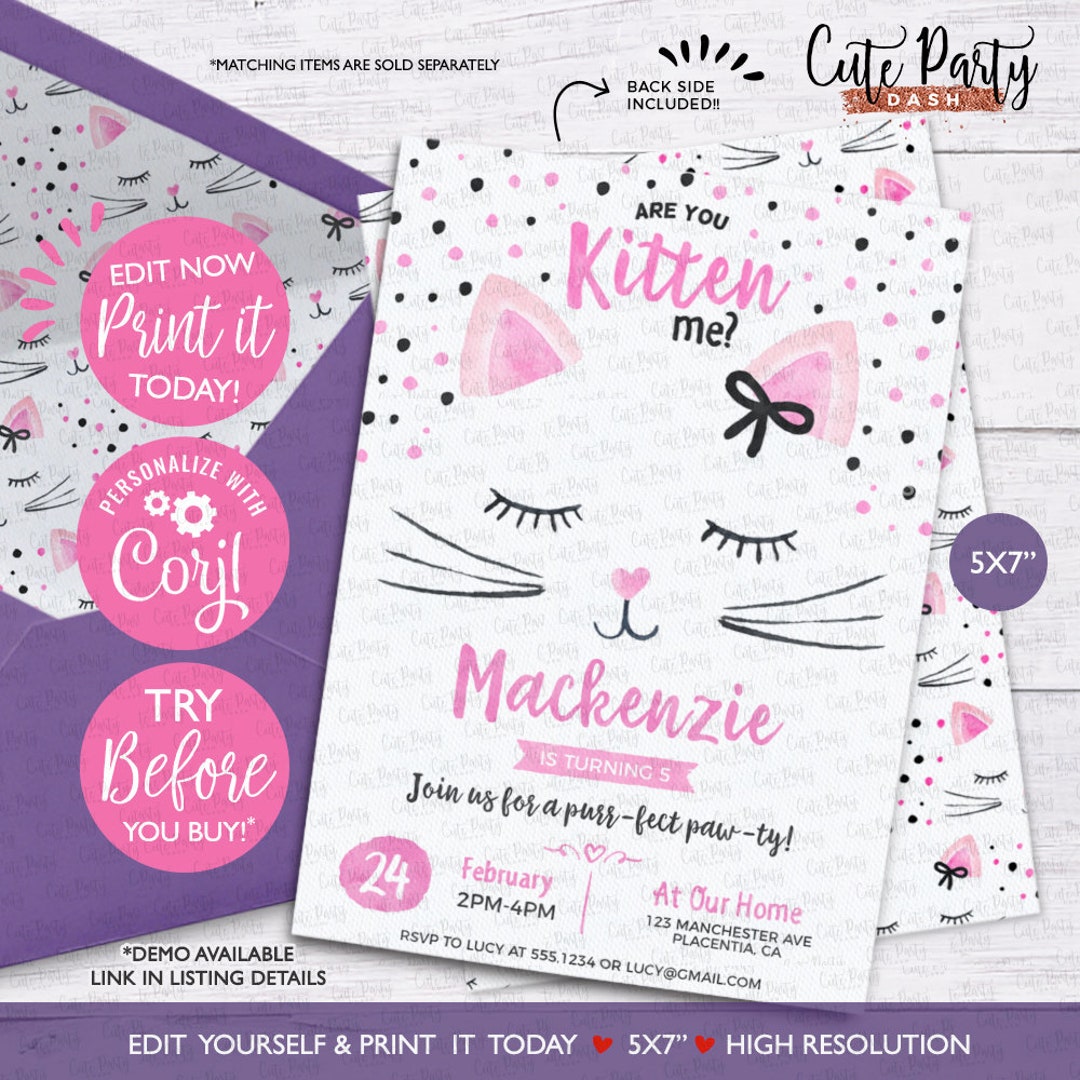 INSTANT DOWNLOAD - EDITABLE Kitty Birthday Party Invitations Cat Kitten ...
