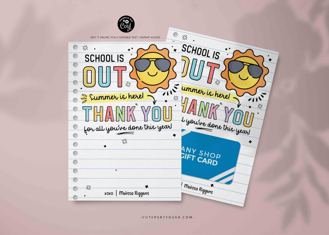 End of Year Teacher Gift Card Holder, Summer Thank You (printable ...
