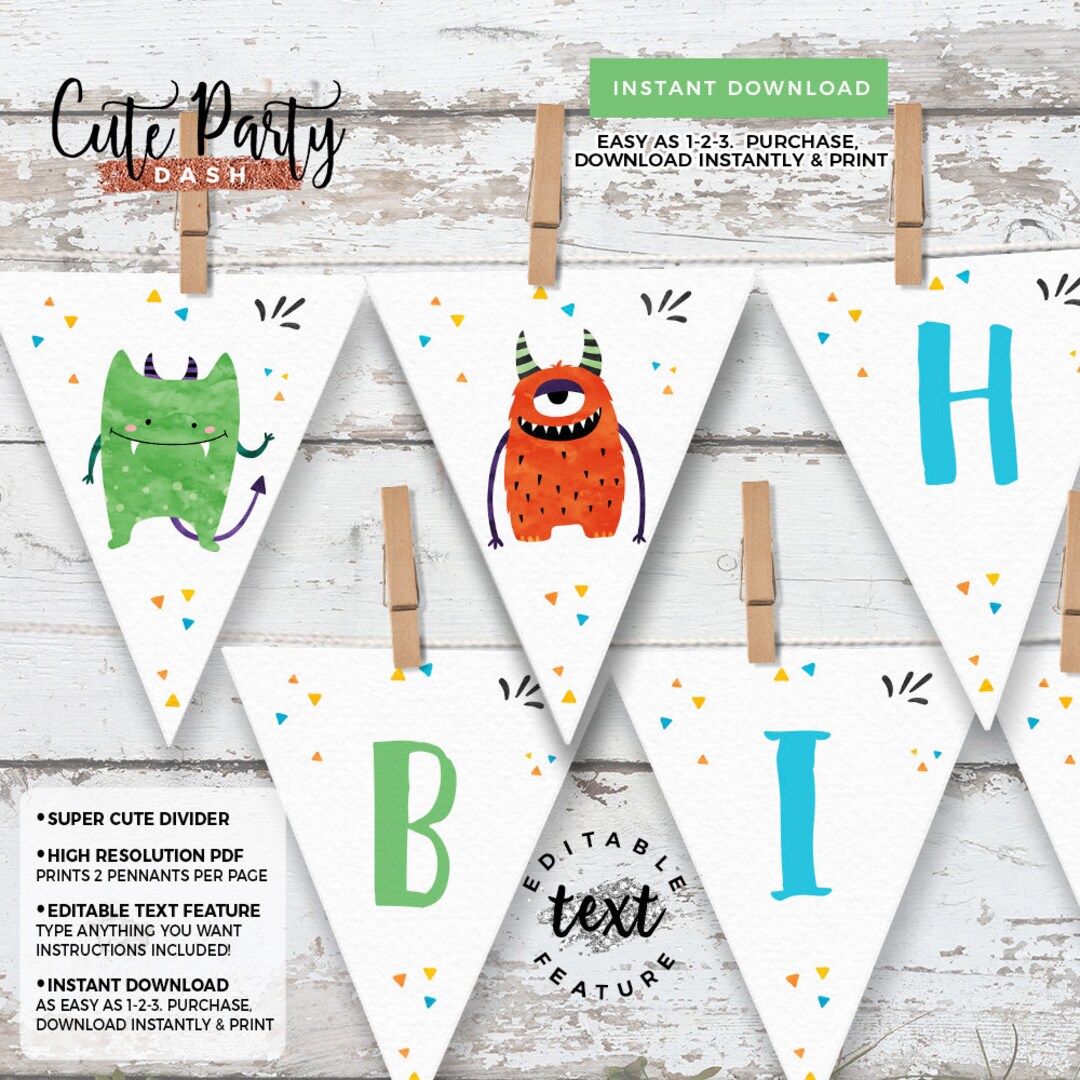 Little Monster Birthday Wall Banner INSTANT DOWNLOAD - EDITABLE Cute ...