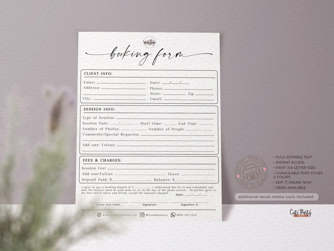 Modern Calligraphy Booking Form Template: Printable Photography Client ...