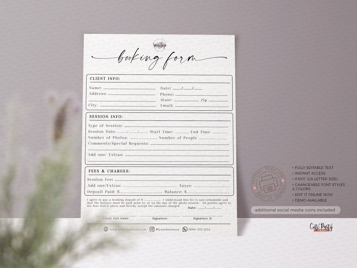 Modern Calligraphy Booking Form Template INSTANT DOWNLOAD - Etsy