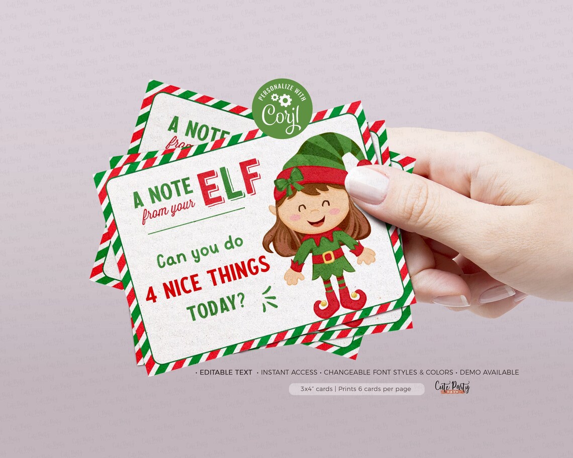 EDITABLE Christmas Elf Note Cards Girl Elf Activity Cards - Etsy