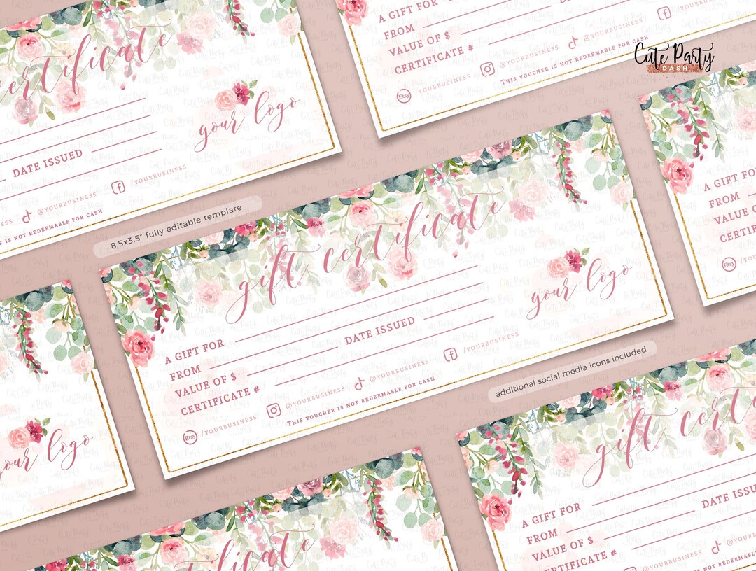 Greenery Pink and Gold Floral Gift Certificate Editable Template ...