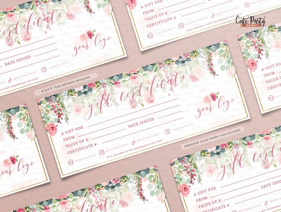 Greenery Pink and Gold Floral Gift Certificate Editable - Etsy