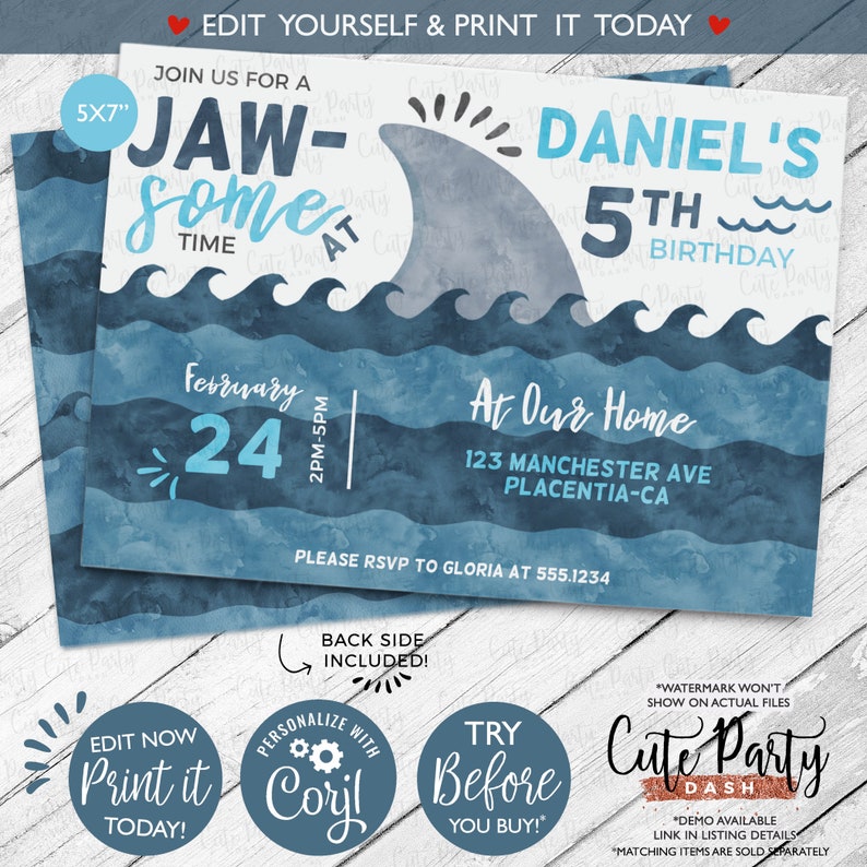 INSTANT DOWNLOAD EDITABLE Sharks Birthday Invitation Shark | Etsy